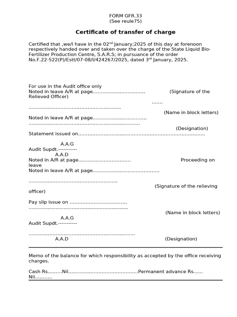 GFR 33 Certificate of Charge Transfer | PDF