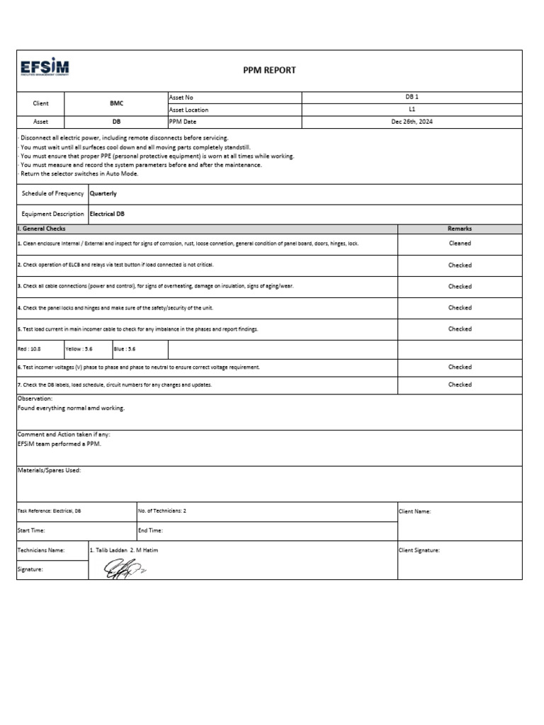 BMC - PPM Report - DB 1 - Dec 26th, 2024 | PDF | Electrical Equipment | Electromagnetism