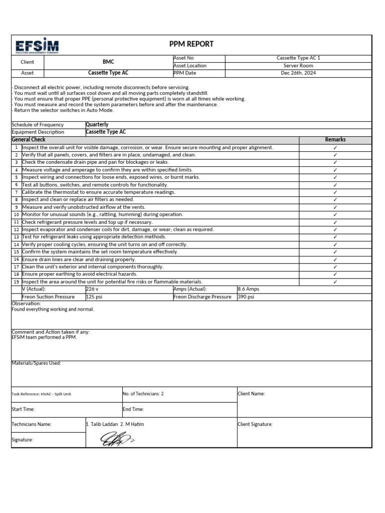BMC - PPM Report - Cassette Type AC - Dec 26th, 2024 | PDF | Fuse (Electrical) | Thermostat