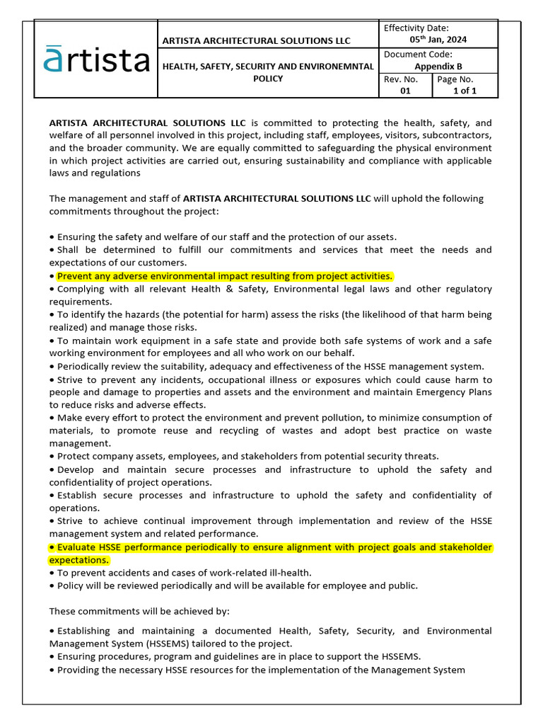1.1.2 Project HSSE Policy - Appendix B | PDF | Occupational Safety And Health | Safety