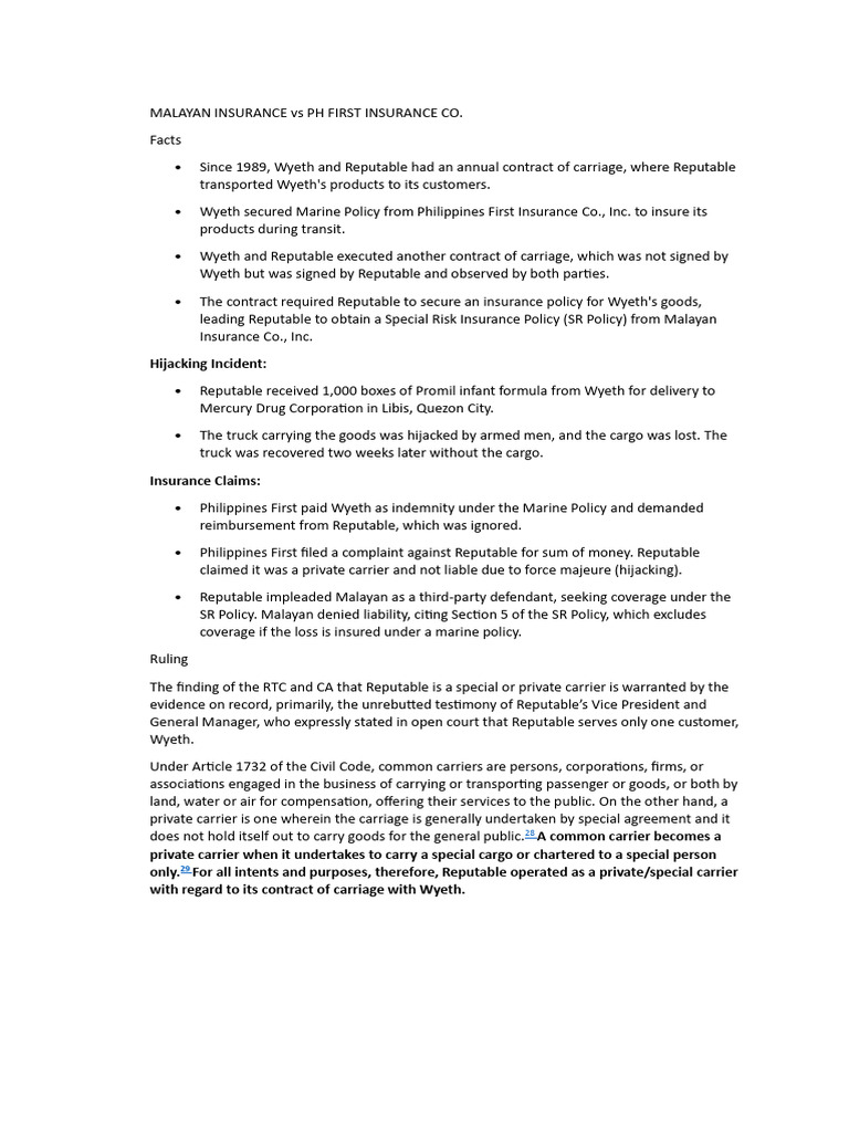 MALAYAN INSURANCE Vs PH FIRST INSURANCE CO | PDF | Insurance | Private Law