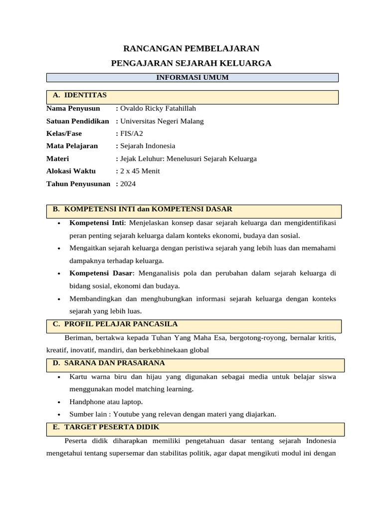 Rancangan Pembelajaran Sejarah Keluarga | PDF