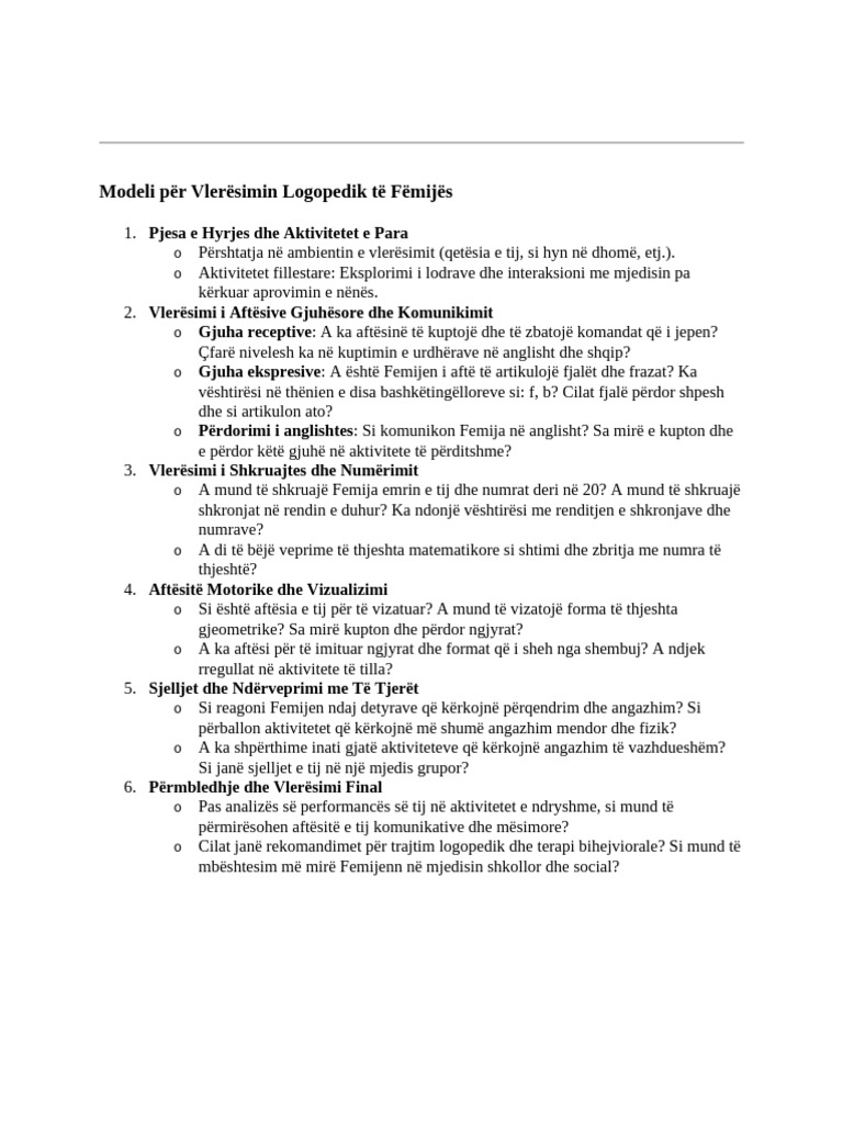 Modeli Për Vlerësimin Logopedik Të Fëmijës | PDF