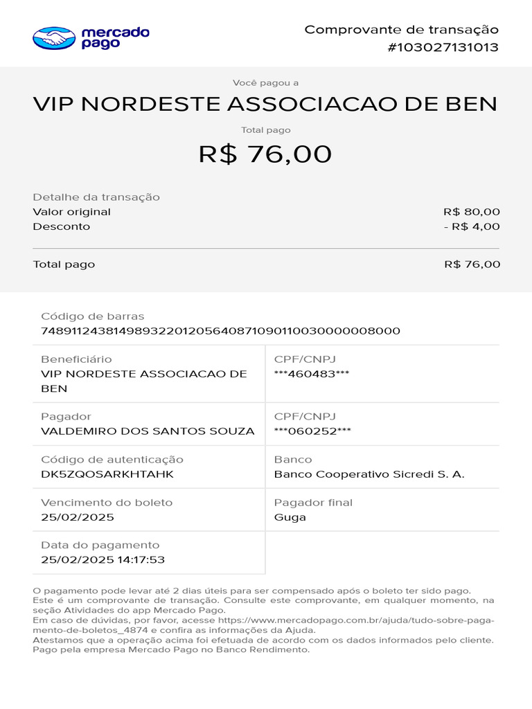 Comprovante de Pagamento Boleto R$76 | PDF