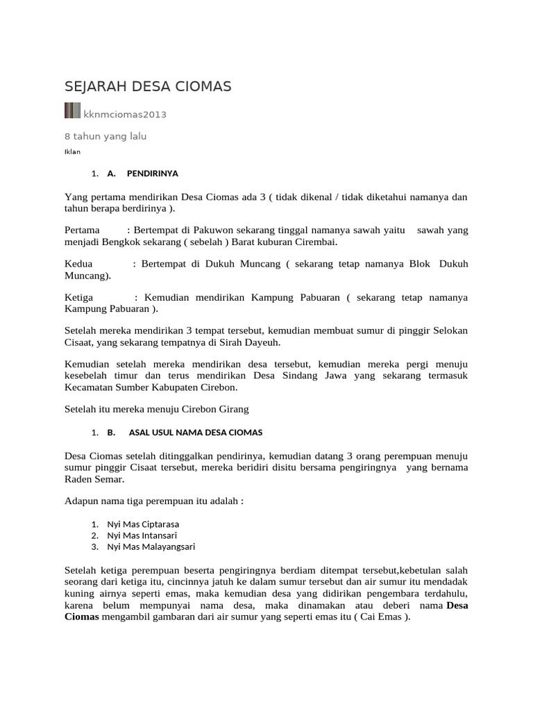 Sejarah Desa Ciomas Sukahaji Majalengka | PDF