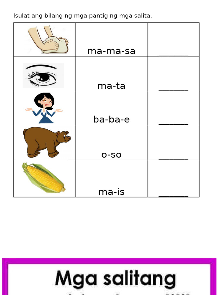 Isulat Ang Bilang NG Mga Pantig NG Mga Salita | PDF