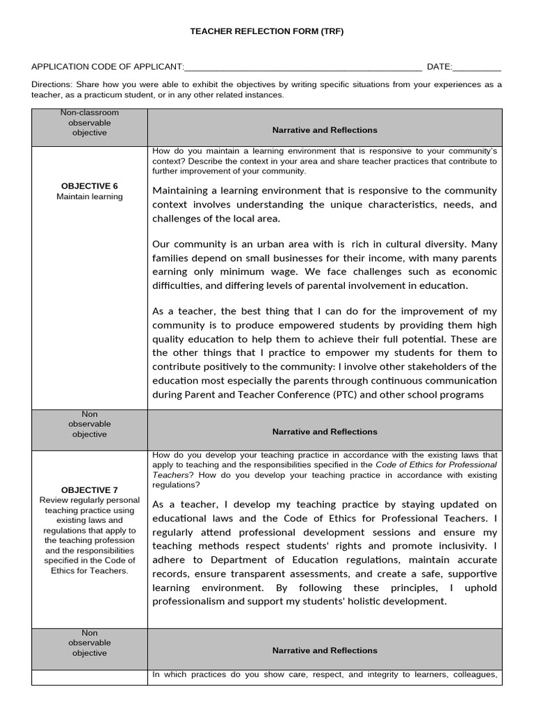 Teacher Reflection Form (TRF) | PDF | Teachers | Learning