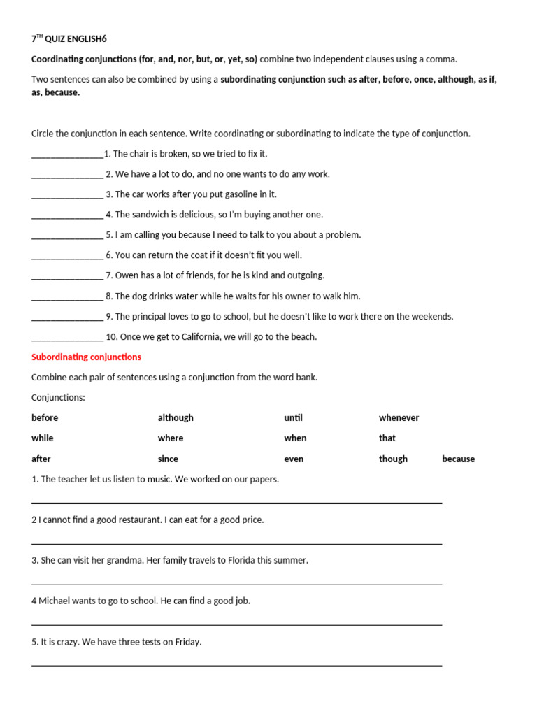 English Quiz on Conjunctions and Sentences | PDF | Linguistics | Grammar