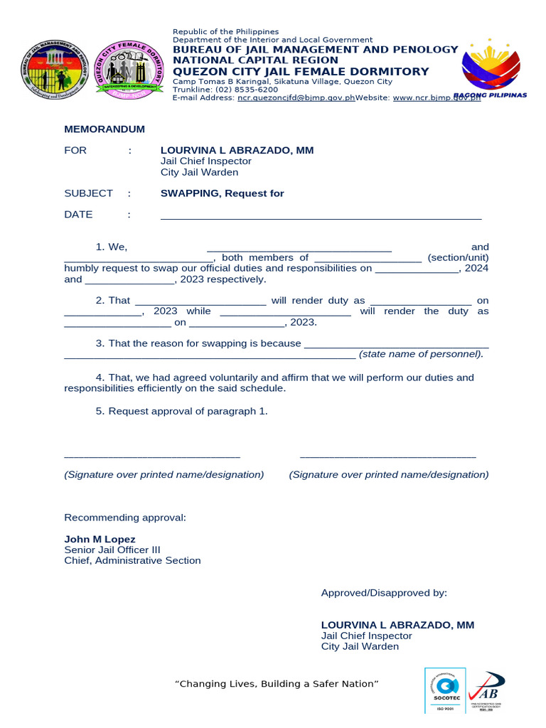 Swapping of Duty Agreement Form | PDF