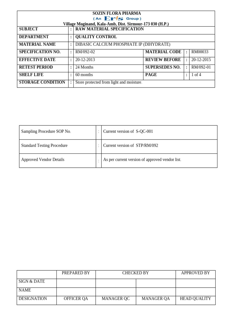 Dibasic Calcium Phosphate Specification | PDF | Solubility | Acid
