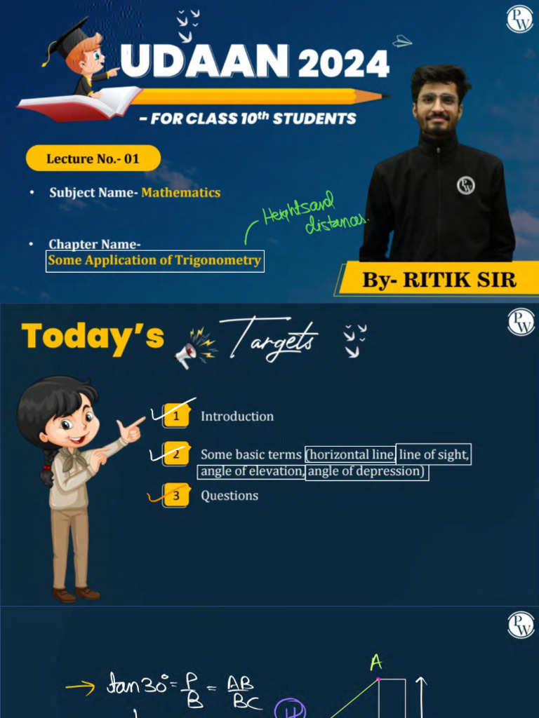 64904ca1b30b550018318668 ## Lecture PPT 01 Some Apllications of Trigonometry Udaan 2024 Ritik ...