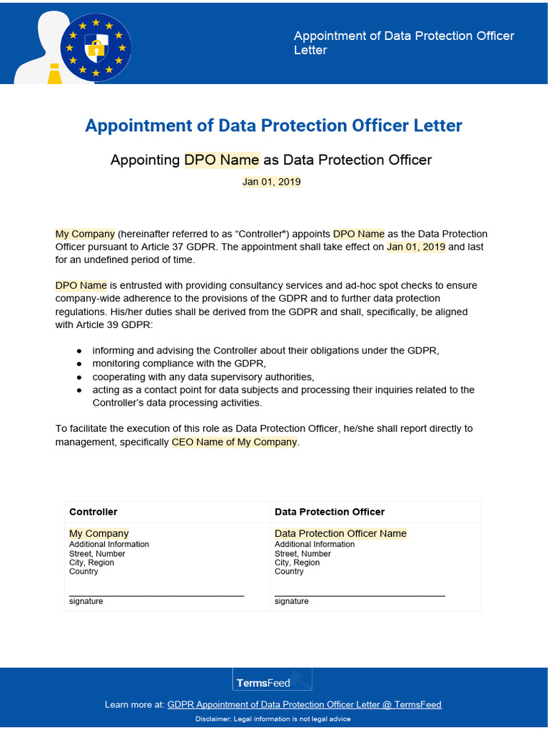 TermsFeed - Sample GDPR Data Protection Officer Nomination (Jan, 101) | PDF