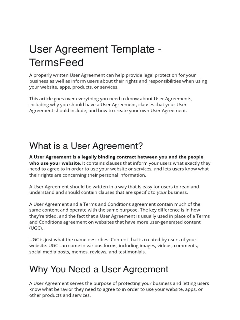 TermsFeed - User Agreement Template (Jan, 101) | PDF | Software | Legal Liability