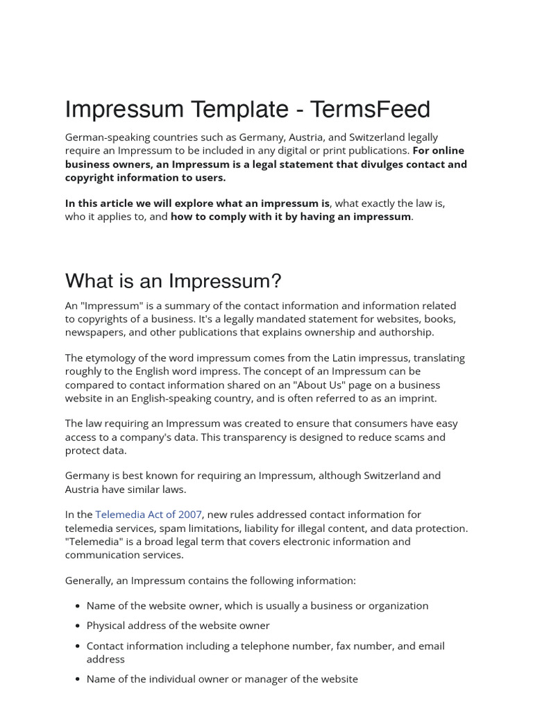 TermsFeed - Impressum Template (Jan, 101) | PDF | Websites | Privacy
