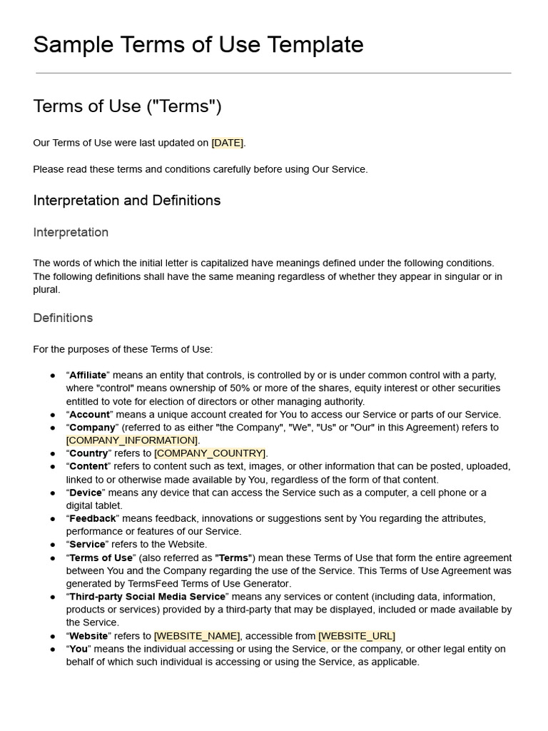 TermsFeed - Sample Terms of Use Template (Jan, 101) | PDF | Digital ...