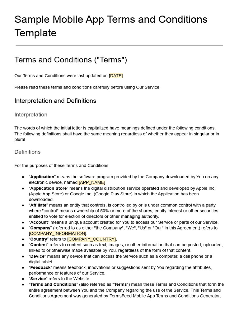 TermsFeed - Sample Mobile App Terms and Conditions Template (Jan, 101) | PDF | Copyright ...