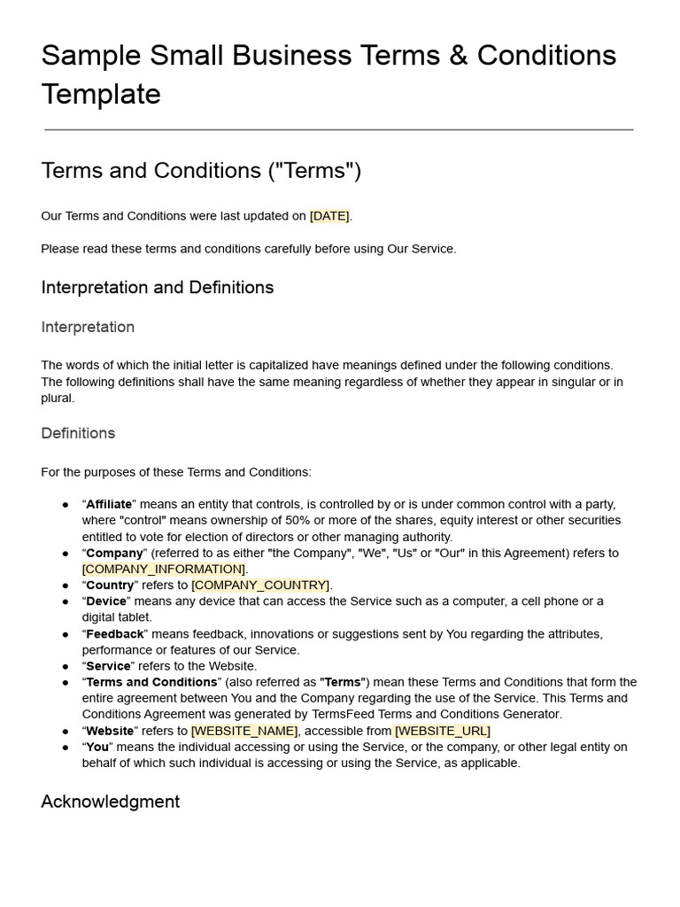 TermsFeed - Sample Small Business Terms and Conditions Template (Jan, 101) | PDF