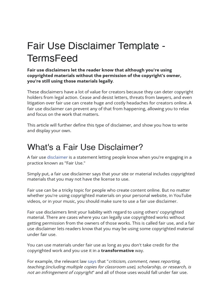 TermsFeed - Fair Use Disclaimer Template (Jan, 101) | PDF | Fair Use | Copyright