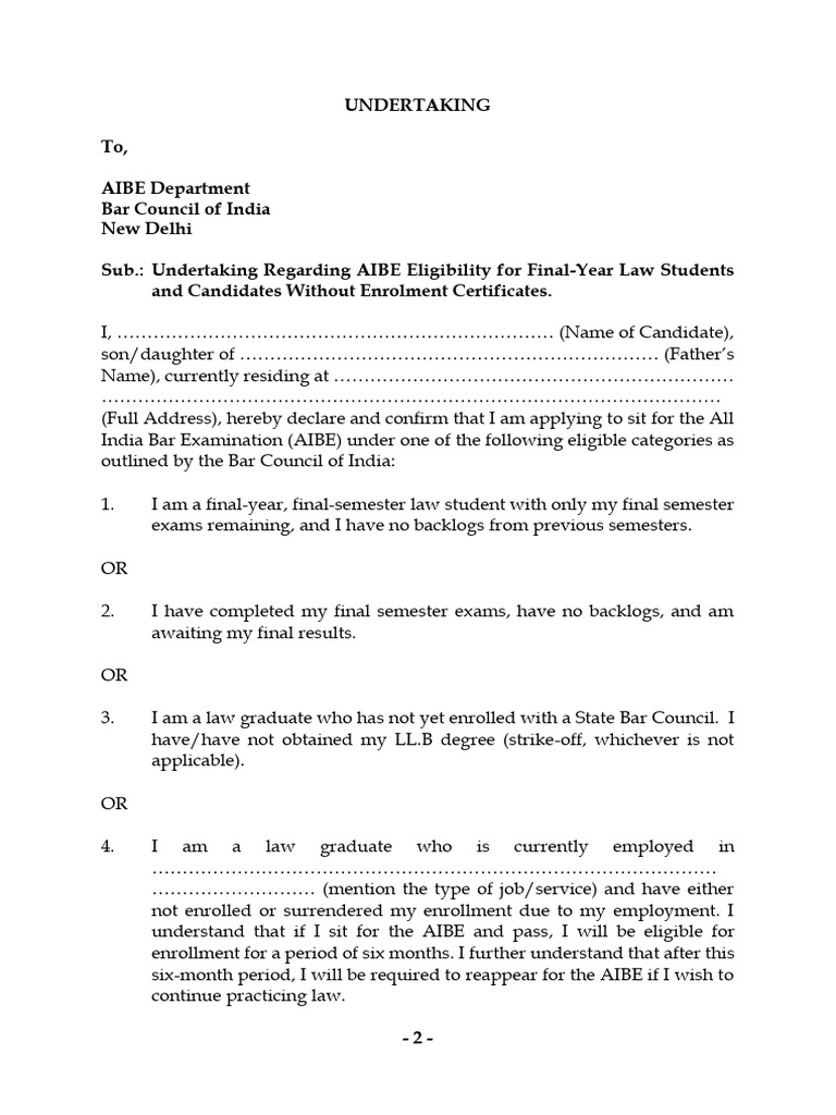 Format of Undertaking Aibe 19 | PDF