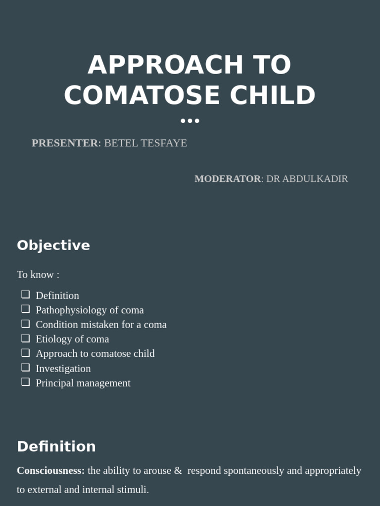 Approach to Comatose Child Management | PDF | Coma | Diseases And Disorders