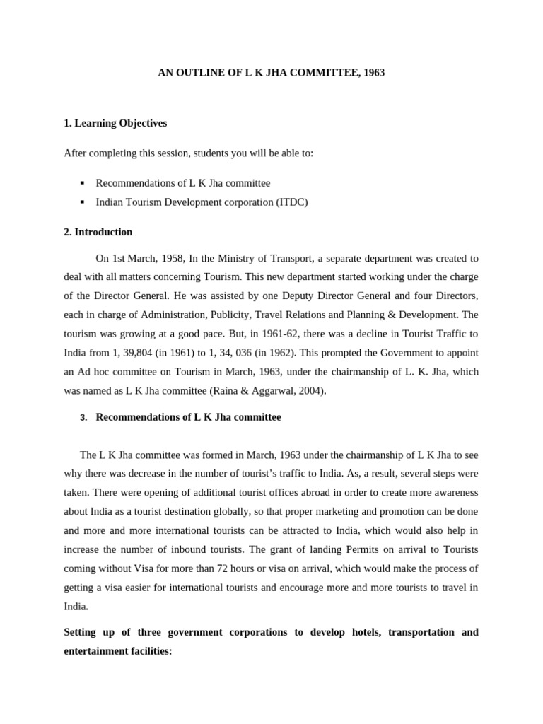 An Outline of L K Jha Committee, 1963 | PDF | Tourism | Hotel