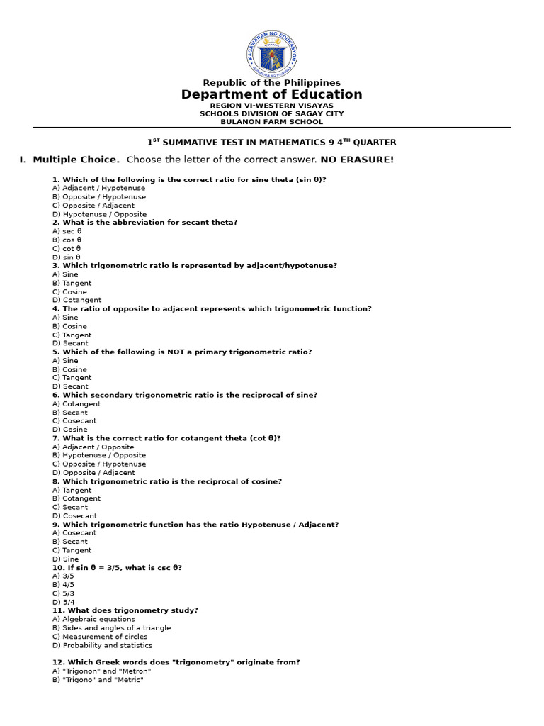 Math 9 4th Quarter Summative Test | PDF | Trigonometric Functions ...