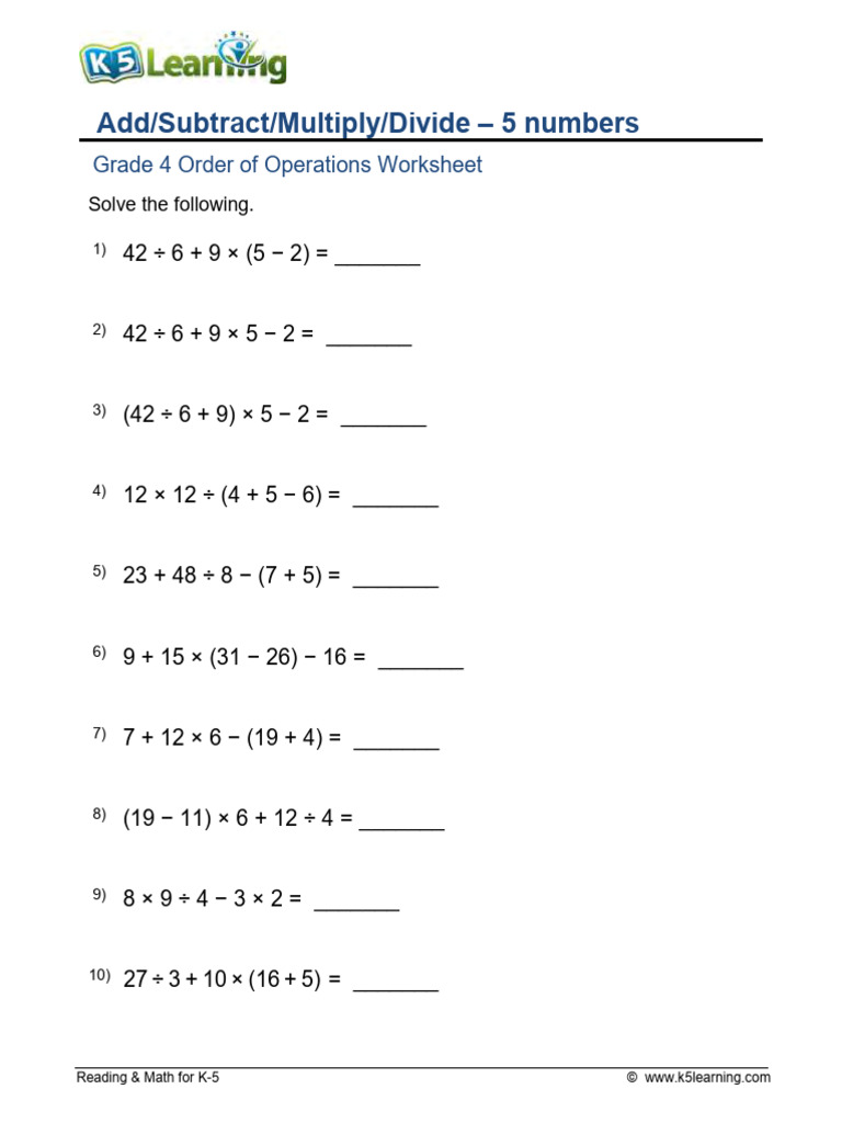 Grade 4 Add Subtract Multiply Divide Parenthesis Five Numbers A | PDF