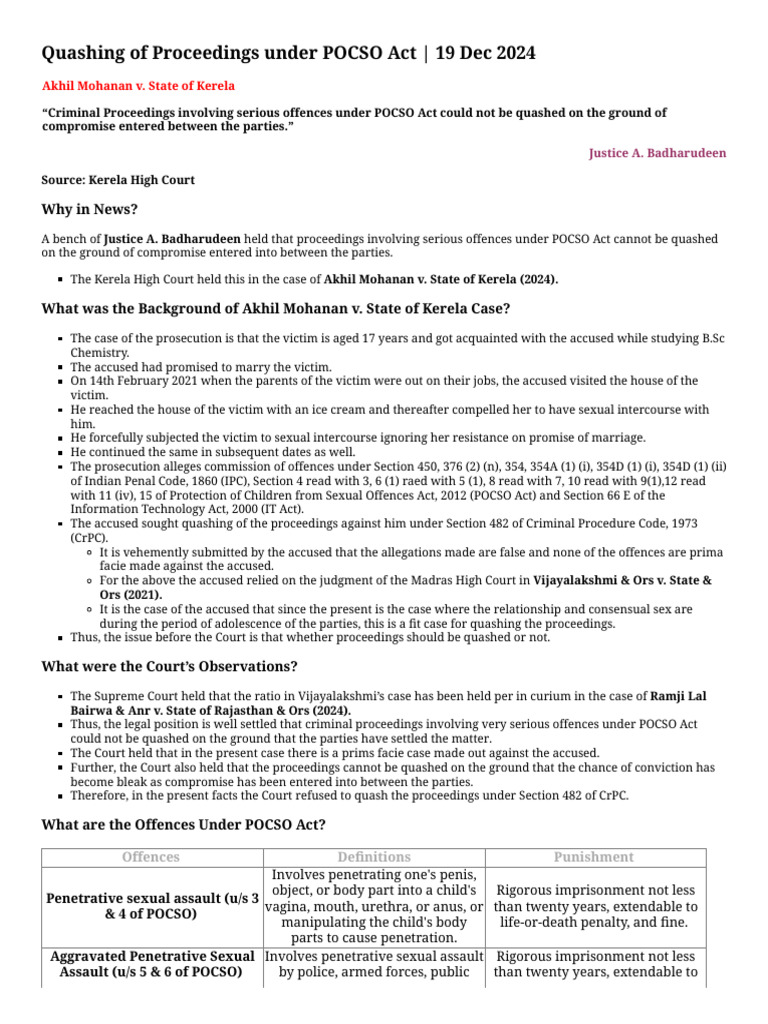 Quashing of Proceedings Under POCSO Act | PDF | Assault | Crimes