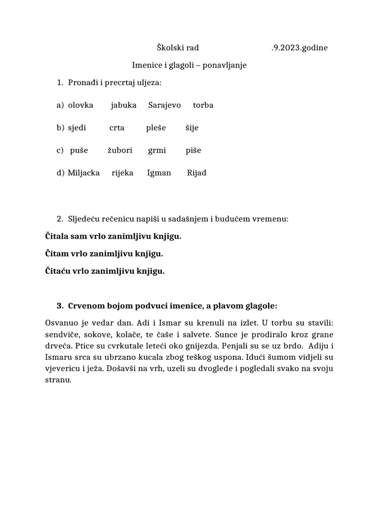 Imenice I Glagoli (Rad U Svesci) | PDF