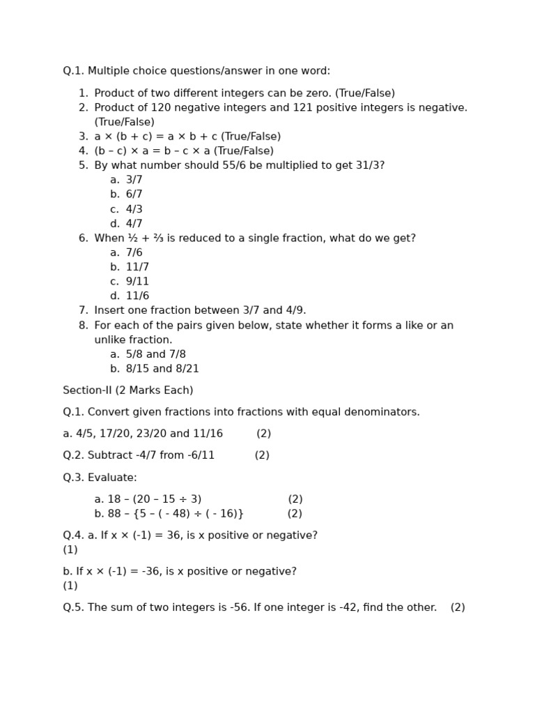 7th Icse Integers and Fractions Paper | PDF