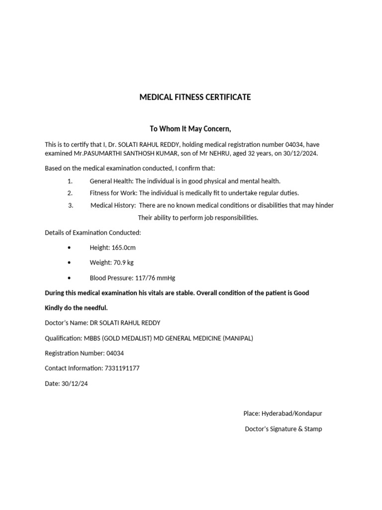 Medical Fitness Certificate Overview | PDF | Doctor Of Medicine ...