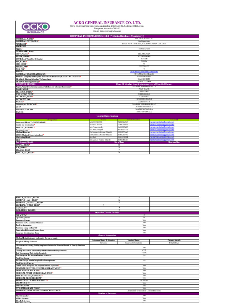 Hospital Information Sheet - Acko | PDF