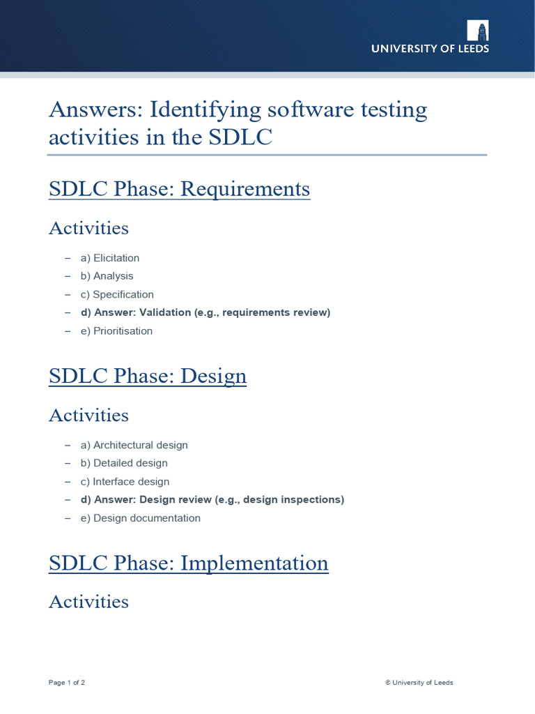 Answers - Identifying Software Testing Activities in The SDLC | PDF