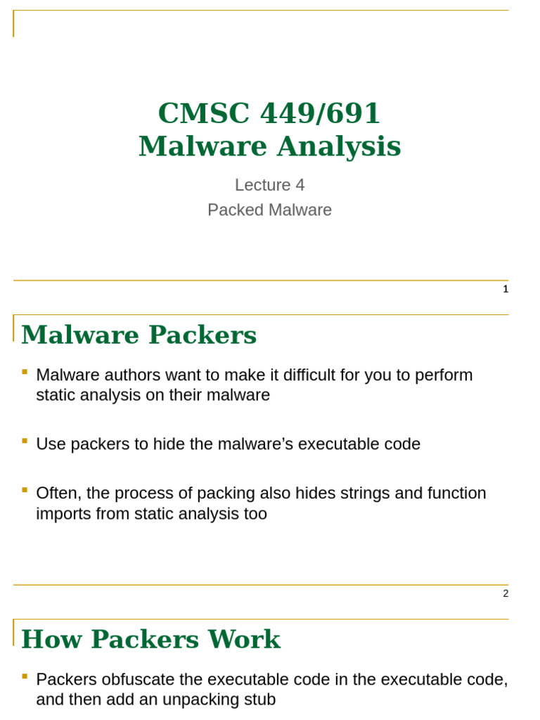 CMSC 449 - Lec04 - Packed Malware | PDF | Malware | Computer File