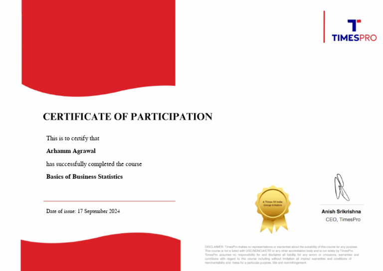 Business Statistics Course Certificate | PDF