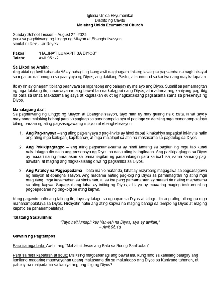 Awit 9 - 51-2Sunday-School-Malabag-August-27-2023 | PDF