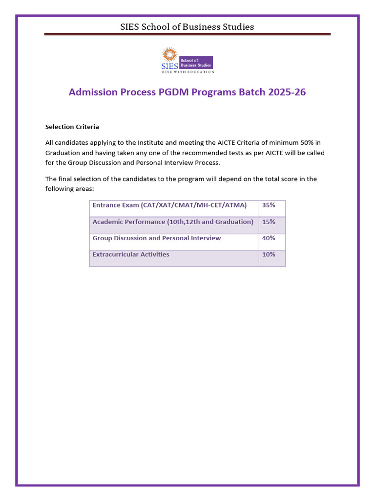 SIES PGDM Admission Process 2025-26 | PDF
