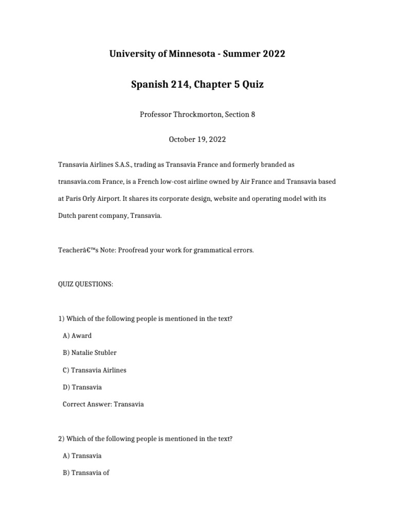 SPANISH_214_CHAPTER_5_QUIZ | PDF