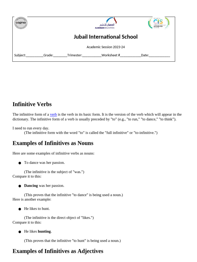 Infinitives Explanation Grade 8 | PDF | Adjective | Adverb