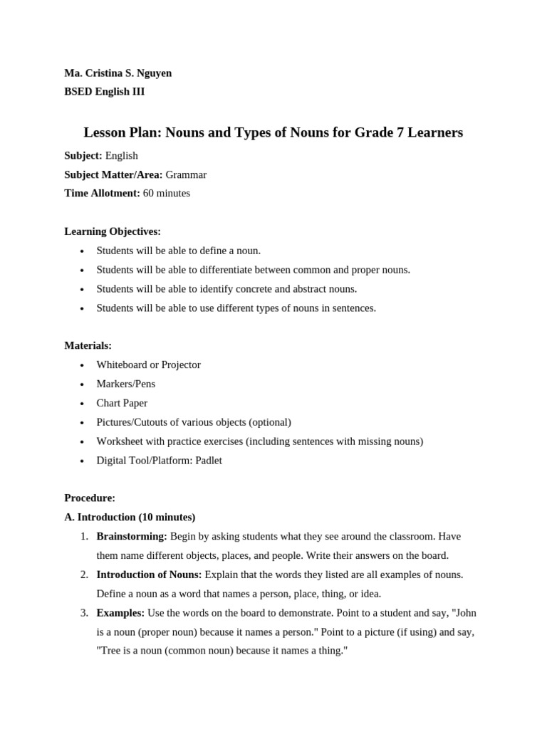 Grade 7 Lesson Plan: Nouns Overview | PDF | Noun | Concept