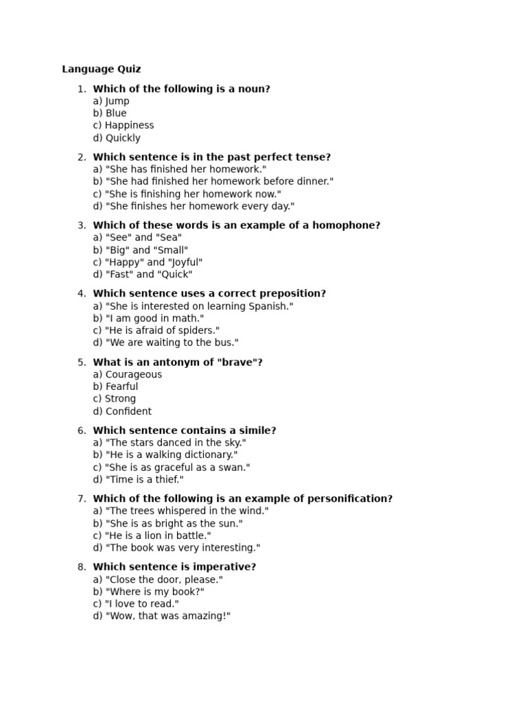 Language Quiz: Grammar & Vocabulary | PDF