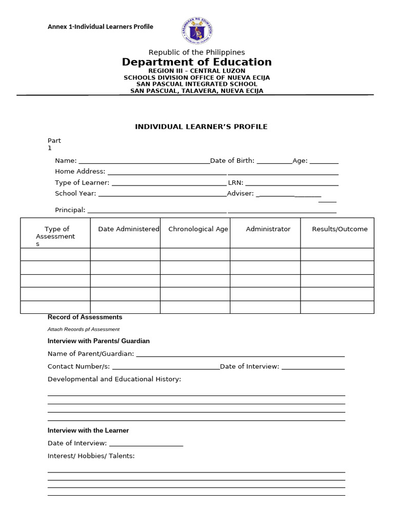 Individual Learner Profile Template | PDF | Cognitive Psychology ...