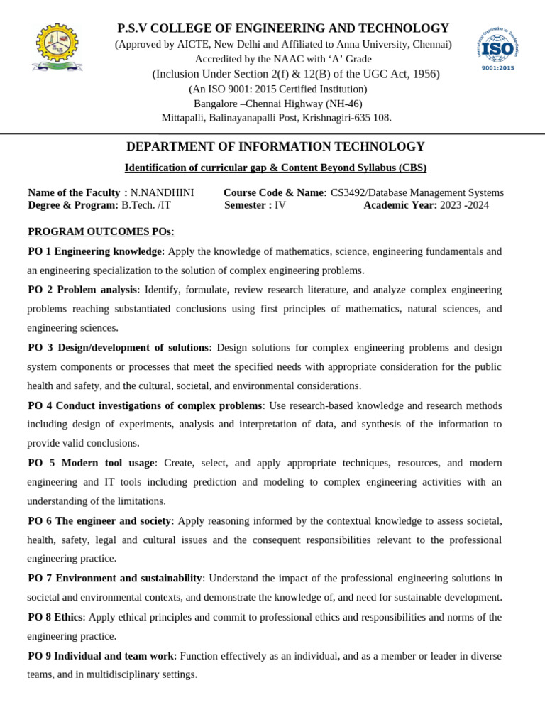 Content Beyond The Syllabus | PDF | Engineering | Databases