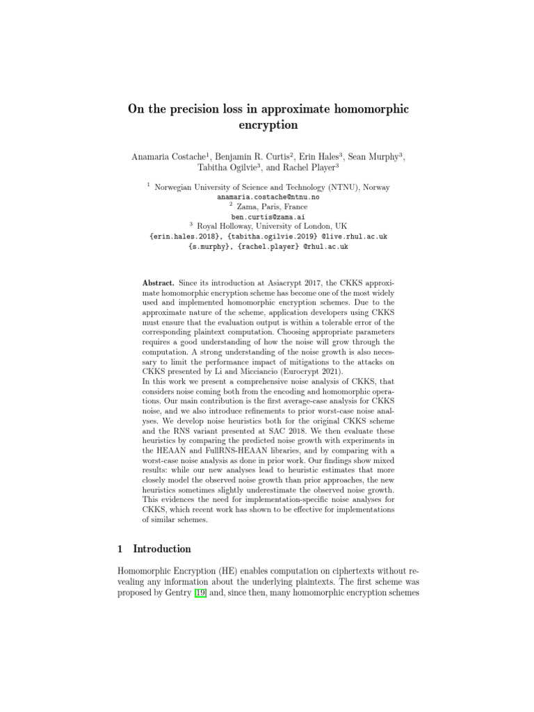 2022[1.8]On the precision loss in approximate homomorphic encryption | PDF | Normal Distribution ...