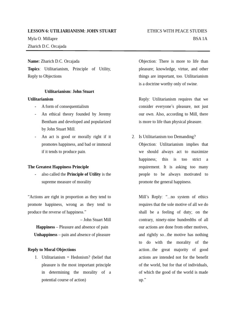 1 Utilitarianism Handouts | PDF | Utilitarianism | John Stuart Mill