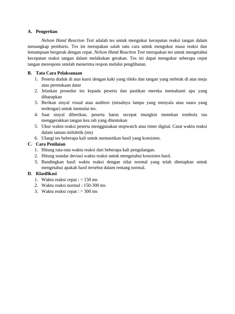Nelson Hand Reaction Test | PDF