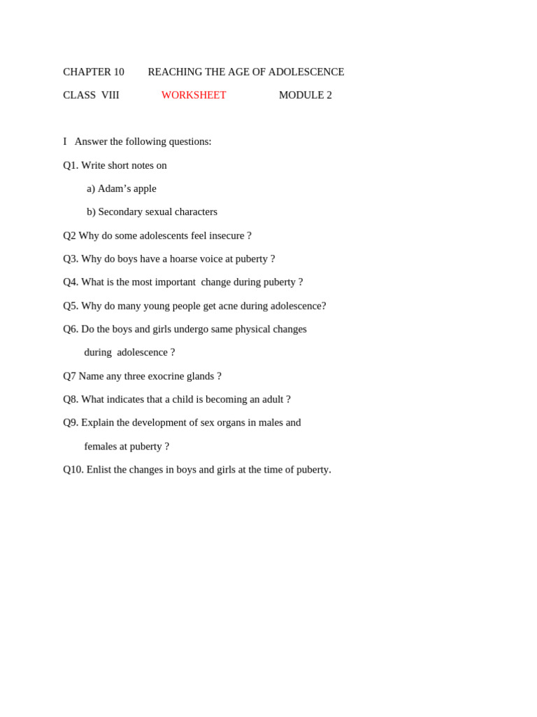 Viii Sci L10 M02 Reaching The Age of Adolescence Worksheet | PDF