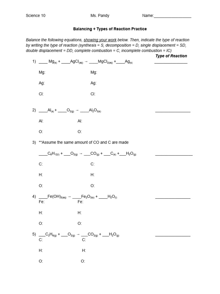 Balancing + Types of Reaction Practice | PDF