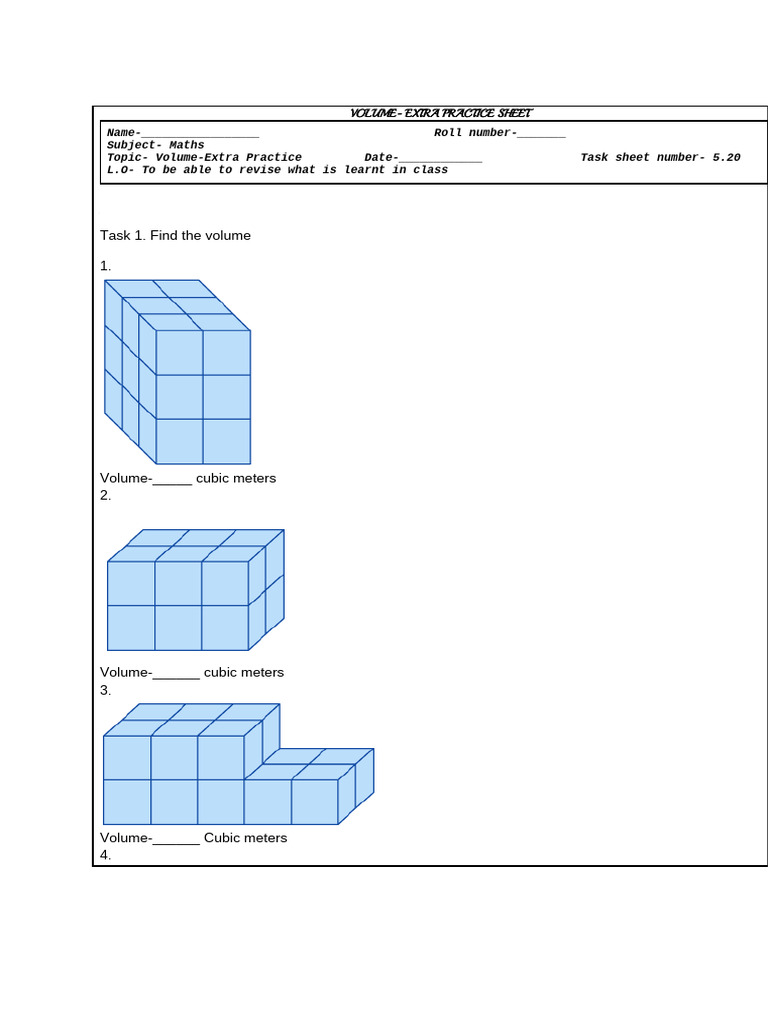 Volume Practice Sheet for Maths | PDF