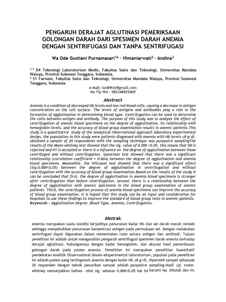 Pengaruh Derajat Aglutinasi Pemeriksaan Golongan Darah Dari Spesimen Darah Anemi | PDF